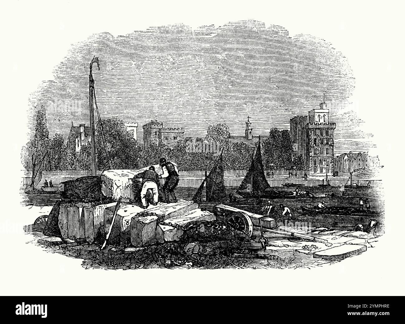 An old engraving of a busy riverside scene on the River Thames opposite ...