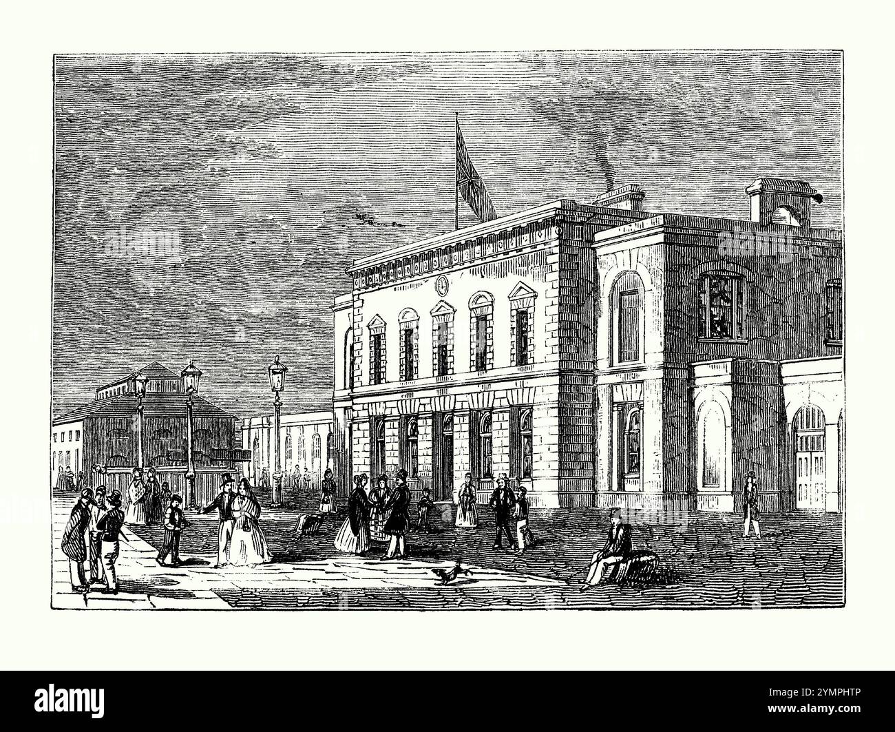An old engraving of the street entrance area of Blackwall station ...