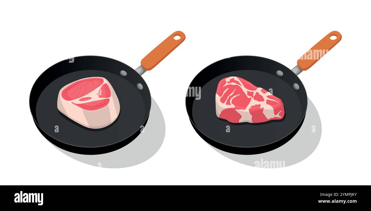 Vector Cartoon Pan Set with Meat. Bone-in Steak, Tender Marbled Steak ...