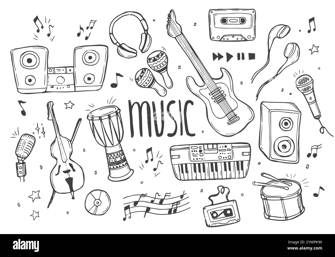 Hand drawn sketch set of music culture doodles, instruments, notes ...