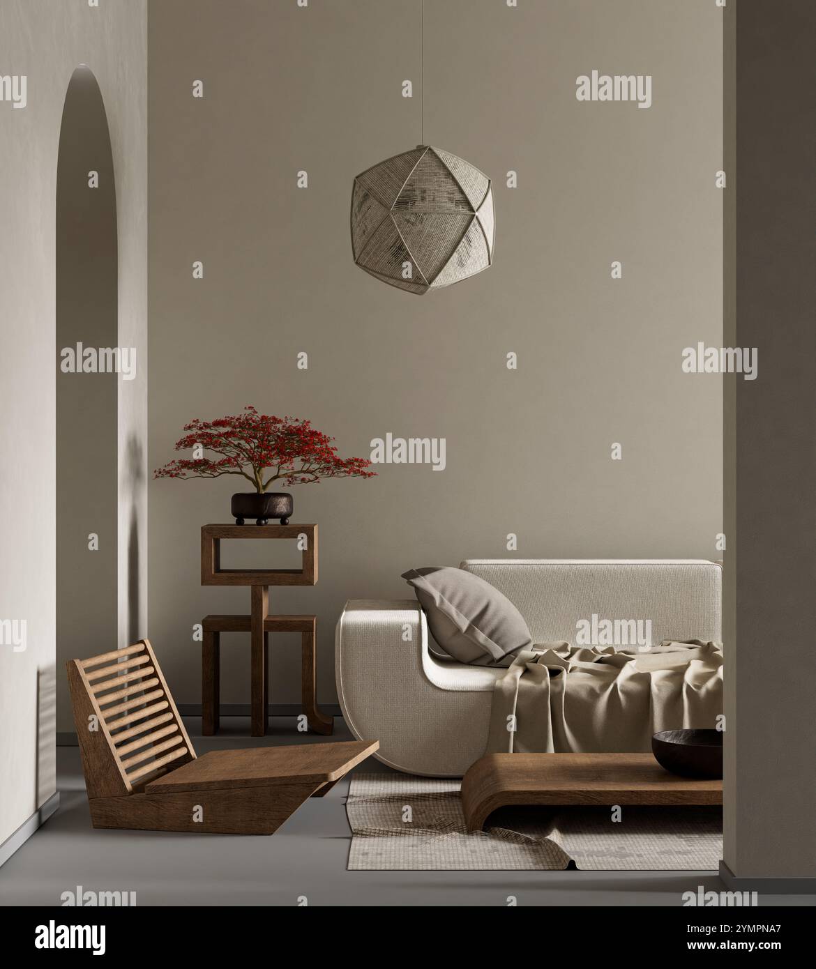 Japanese style interior design with wooden furnitures and raw materials ...