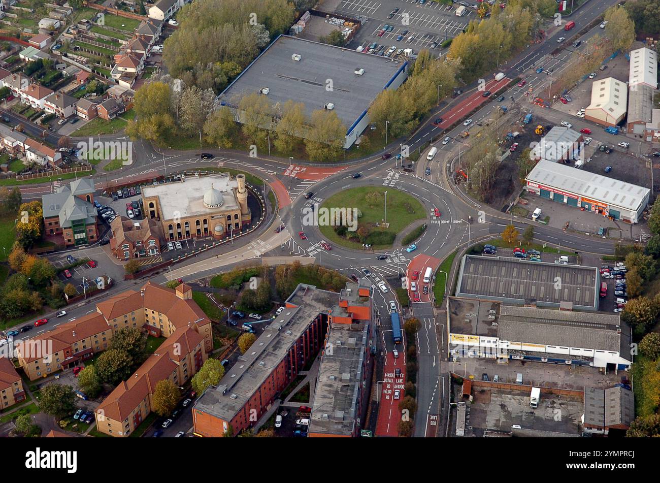Aerial view of Wolverhampton Five Ways Island red route and Mosque ...