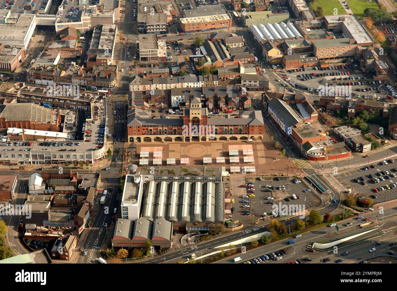 An aerial view of Wolverhampton city centre outdoor market and modern ...