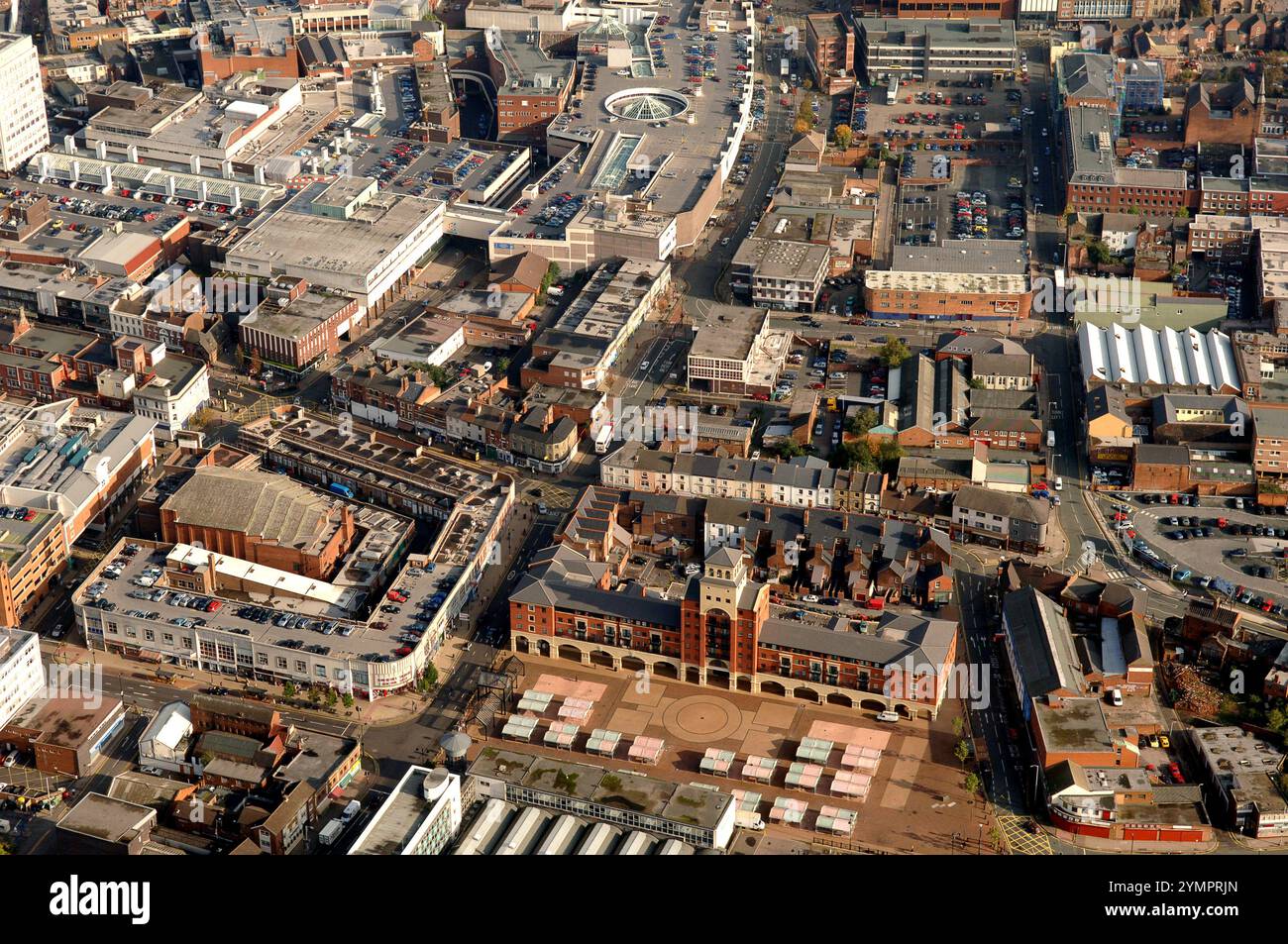 An aerial view of Wolverhampton city centre outdoor market and modern ...
