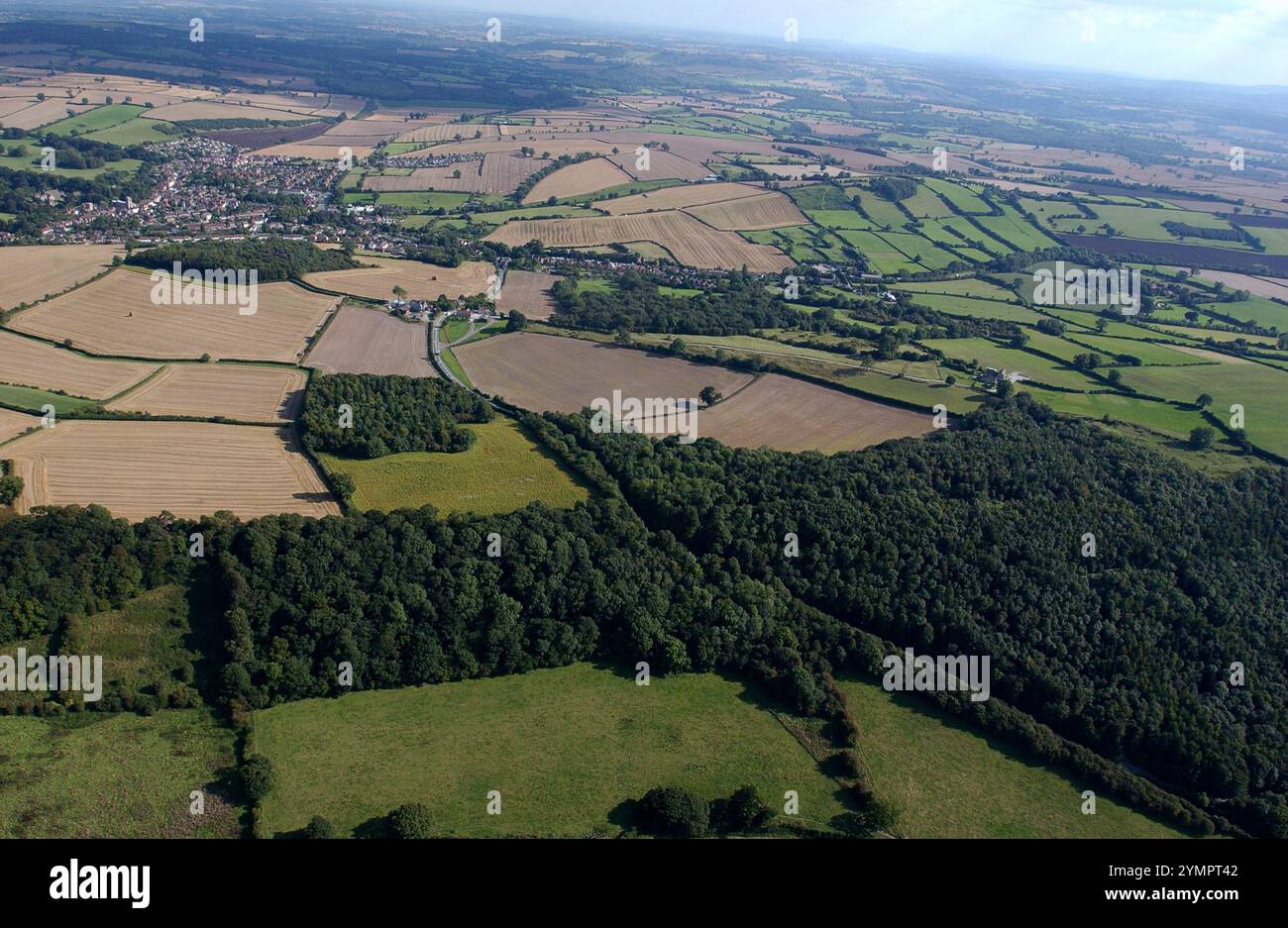 Aerial view of farmland from Wenlock Edge in Shropshire England Uk ...