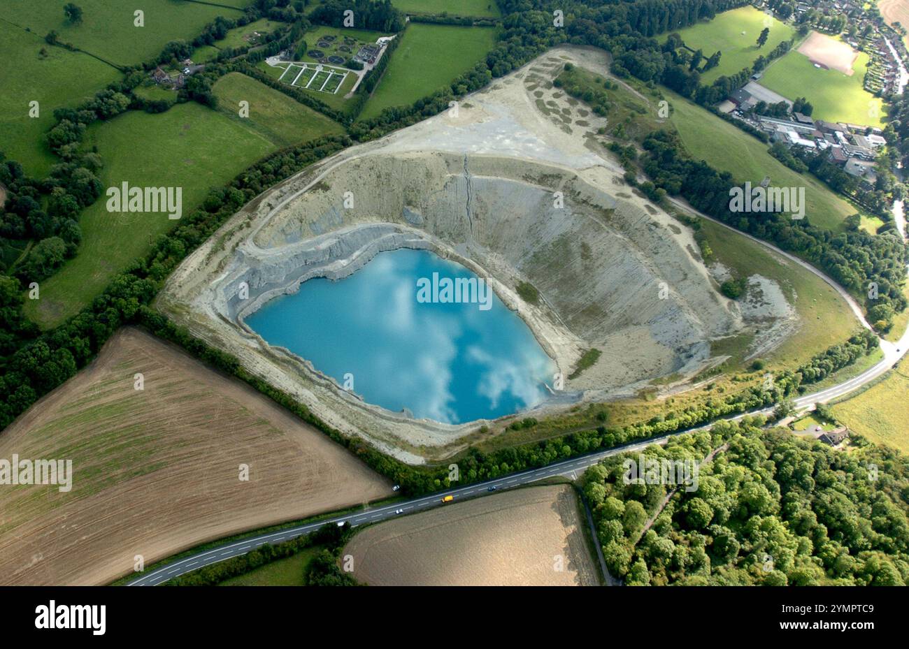 Aerial view Shadwell limestone quarry at Much Wenlock in Shropshire, Uk ...
