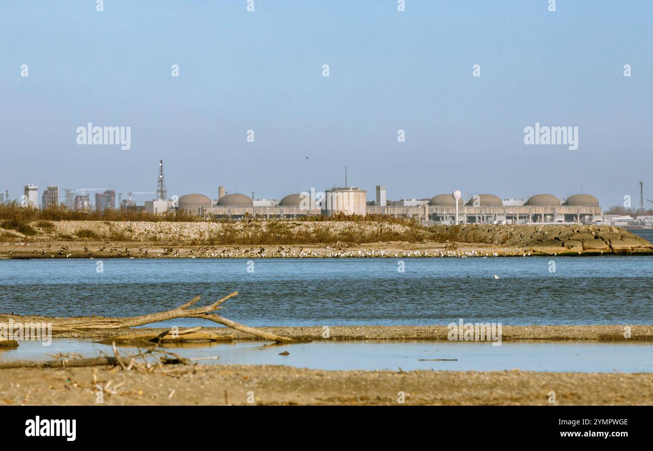 A nuclear power plant is seen on the north shore of Lake Ontario just ...