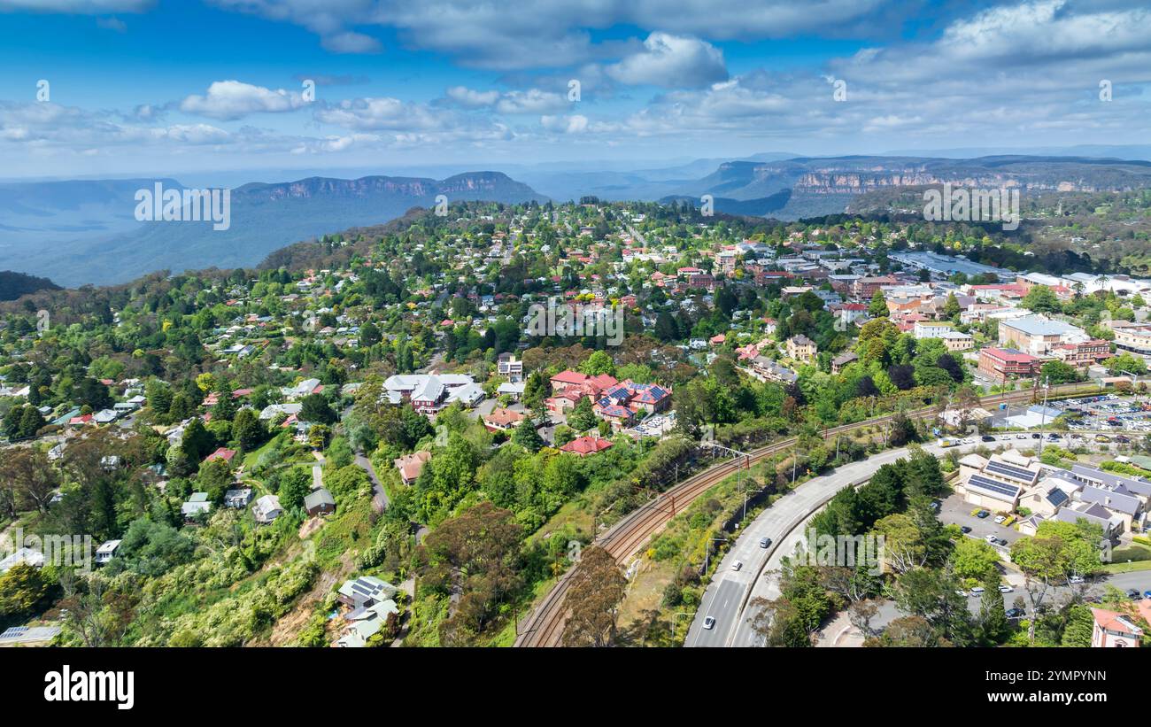 Drone aerial photograph of buildings in the town of Katoomba and the ...