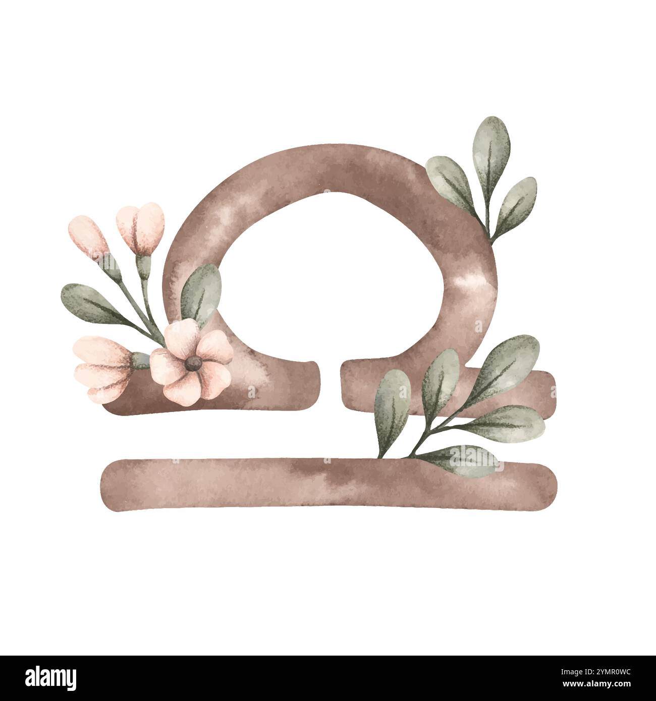 Zodiac watercolor hand-drawn illustration with symbols libra and leaves ...