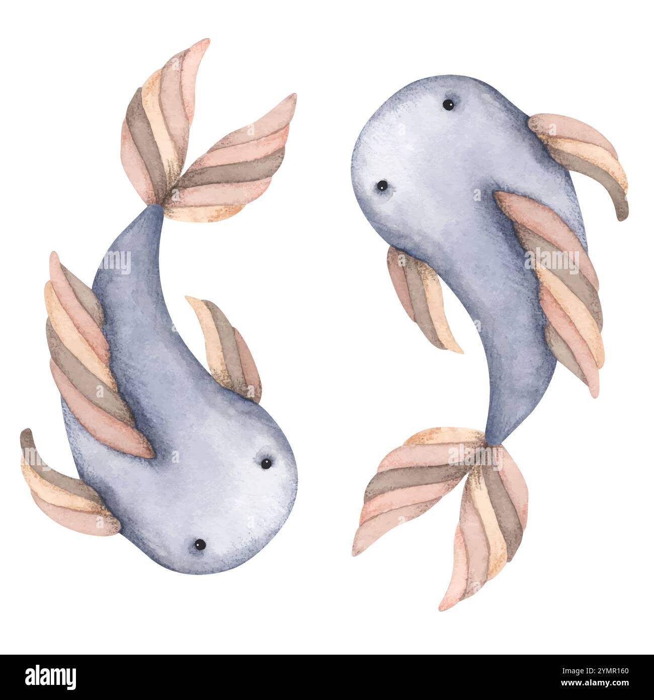 Zodiac watercolor hand-drawn illustration with pisces. Cute cartoon two ...