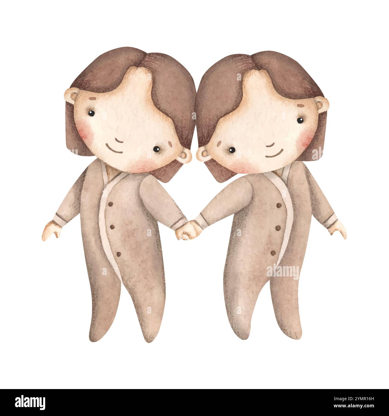 Zodiac watercolor hand-drawn illustration with baby gemini. Cute ...