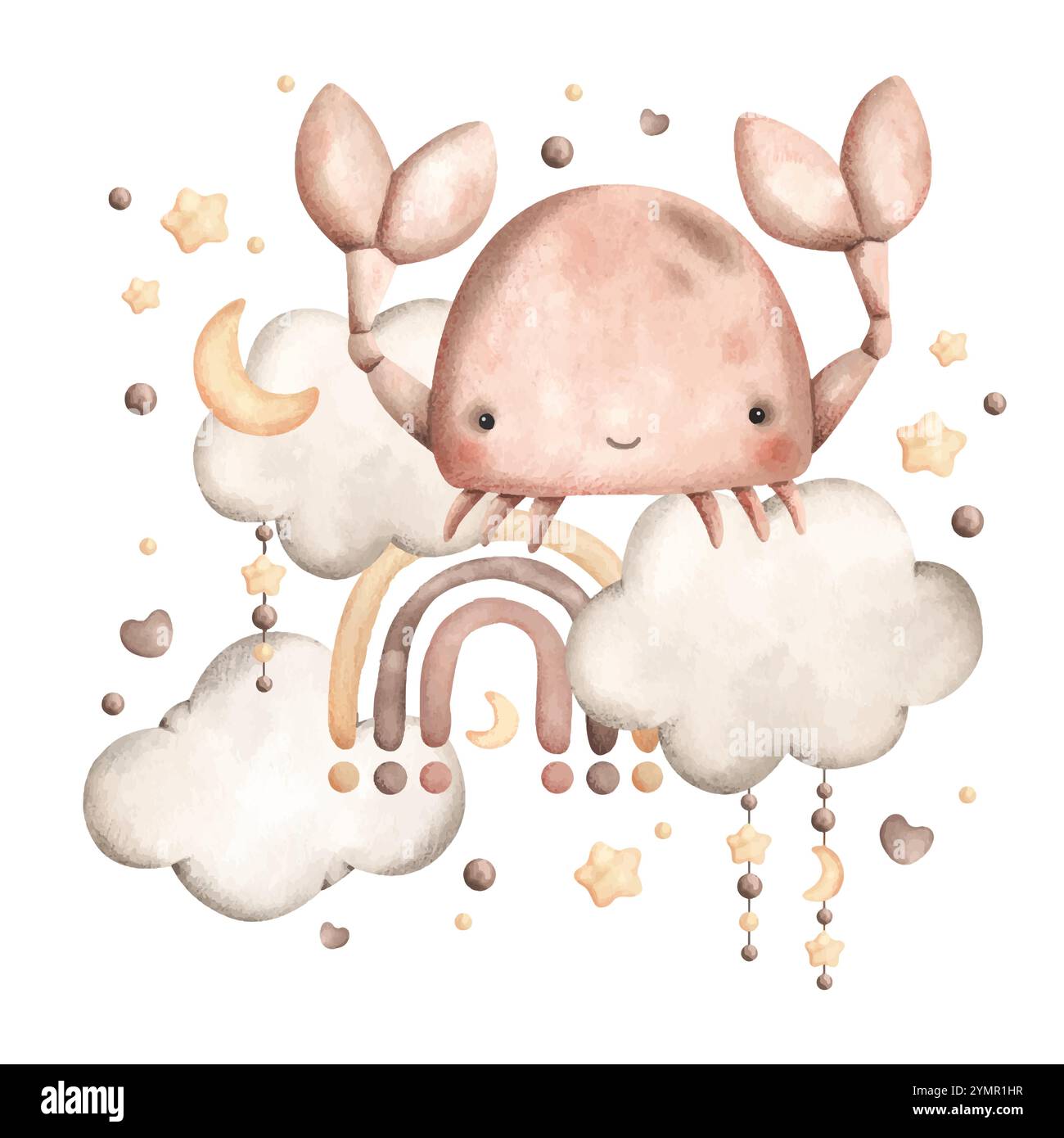 Zodiac watercolor hand-drawn illustration with little cancer on cloud ...