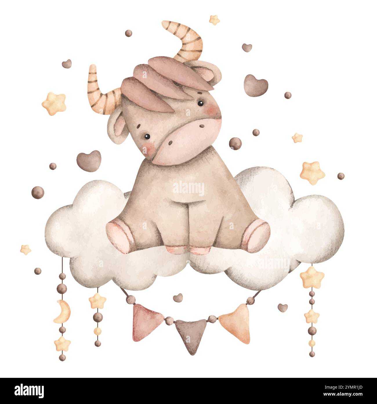 Zodiac watercolor hand-drawn illustration with little taurus on cloud ...