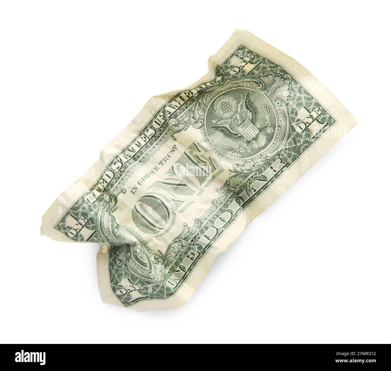 One crumpled dollar banknote isolated on white, top view Stock Photo ...