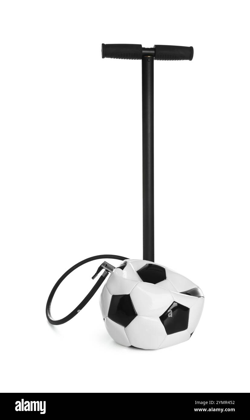 Deflated soccer ball and manual air pump isolated on white Stock Photo ...