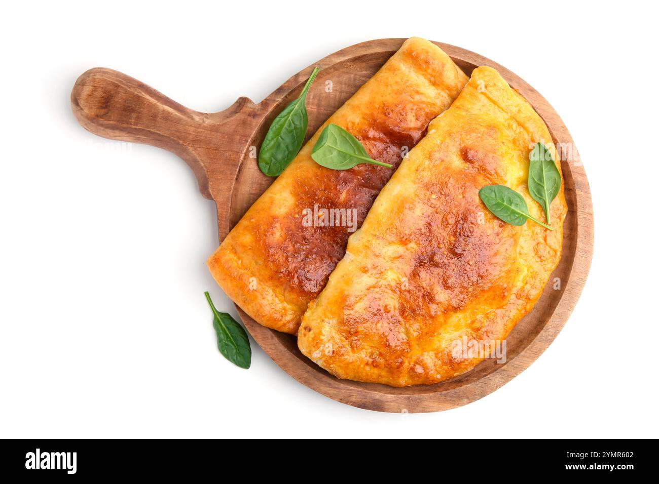 Tasty calzones with basil isolated on white, top view Stock Photo - Alamy