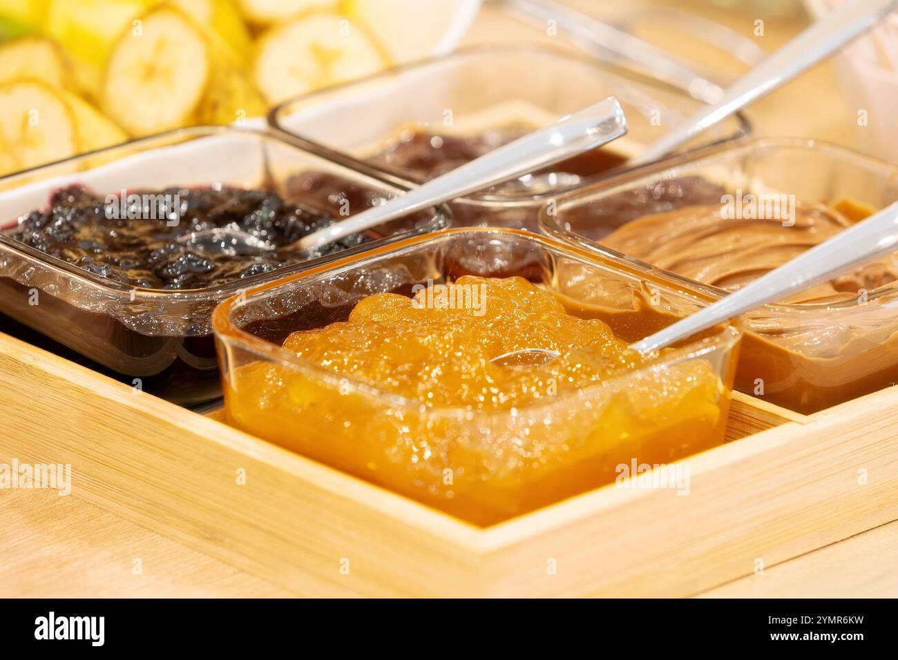 Hotel Buffet breakfast Jam bowls close-up, orange, blueberry, chocolate ...