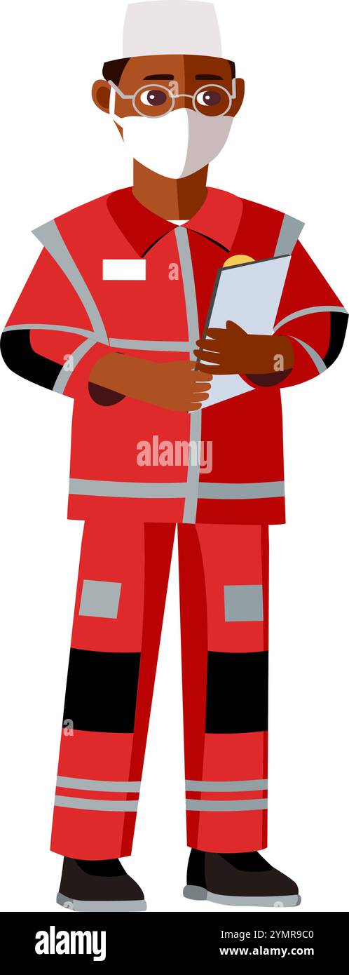 Paramedic in uniform with mask and files in arms in flat technique ...