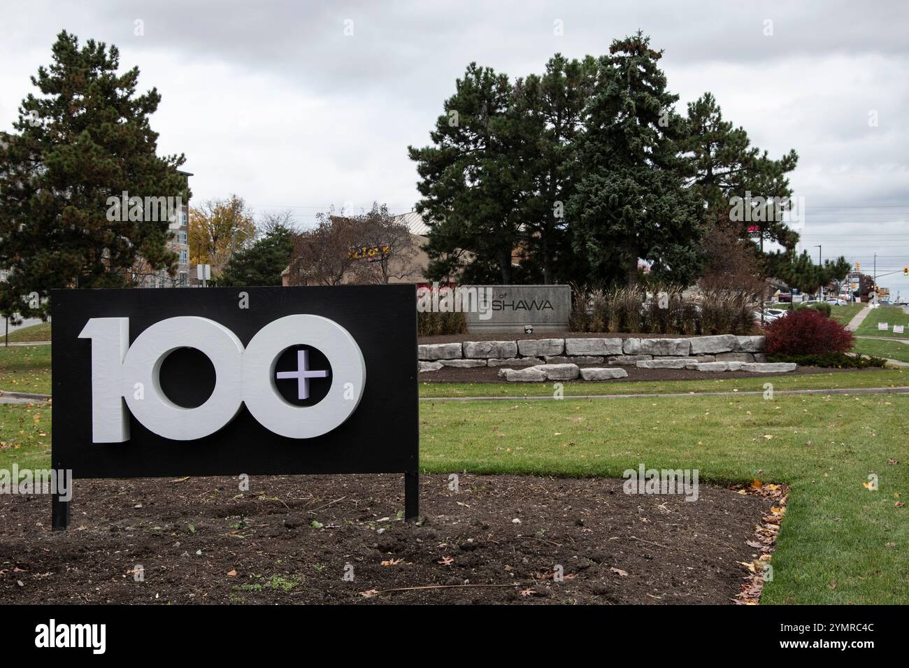 Welcome to the city of Oshawa and 100 years signs on King Street West ...