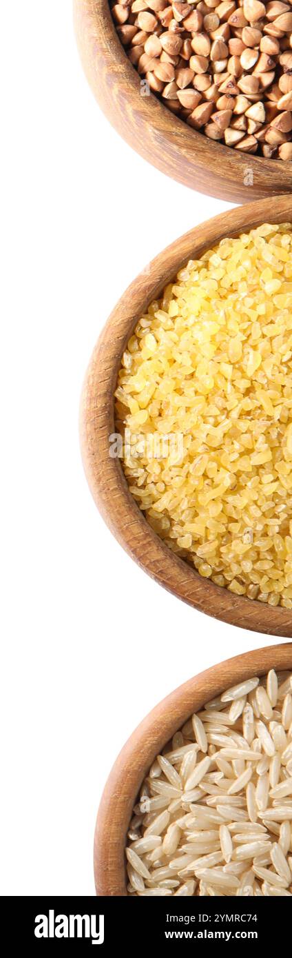 Different types of cereals in bowls isolated on white, top view Stock ...