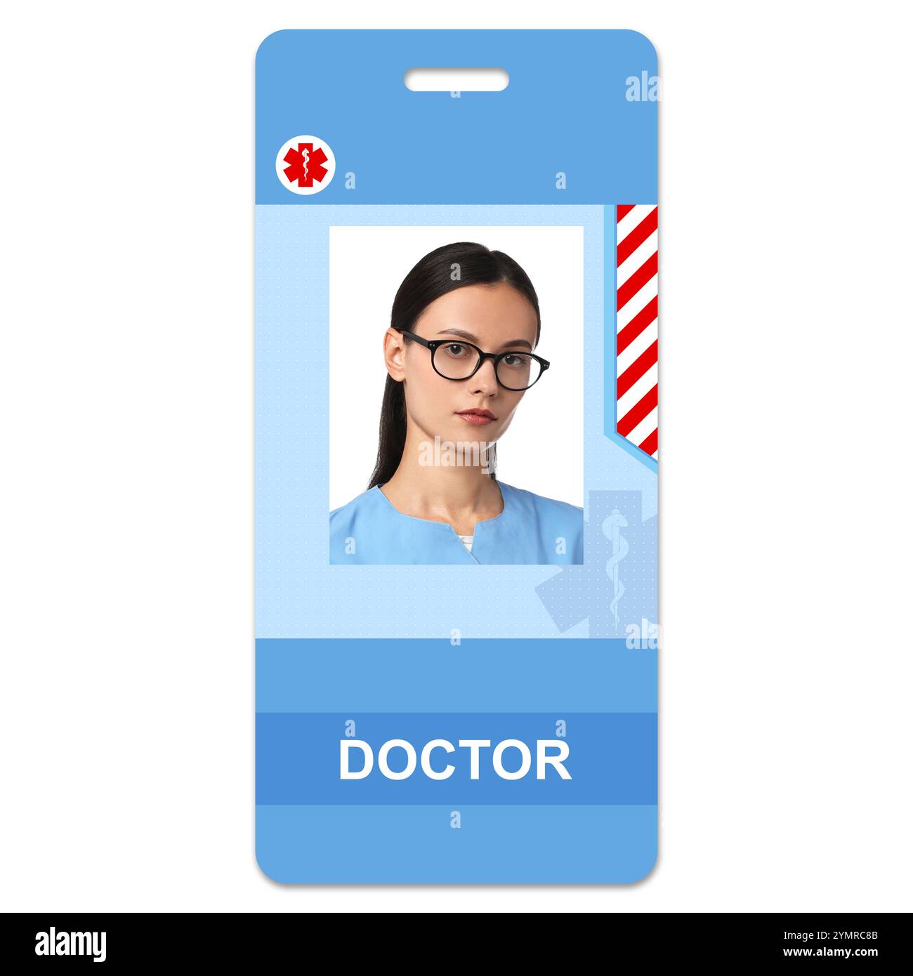 Doctor's badge with photo of woman on white background Stock Photo - Alamy