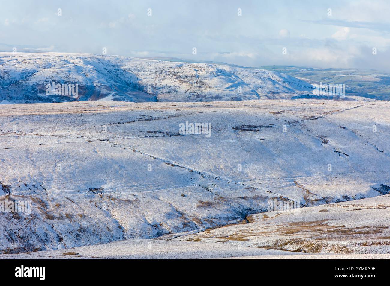 Aerial view of snow capped mountains in the Brecon Beacons, Wales Stock ...