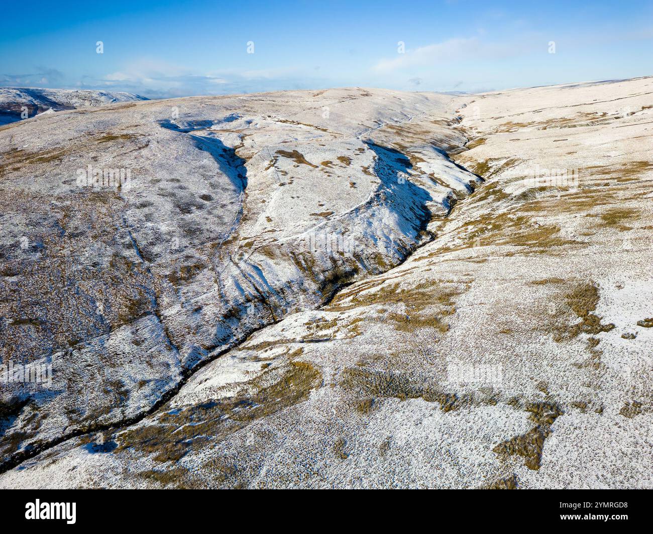 Aerial view of the snow covered path from Pont-ar-Daf to the summit of ...