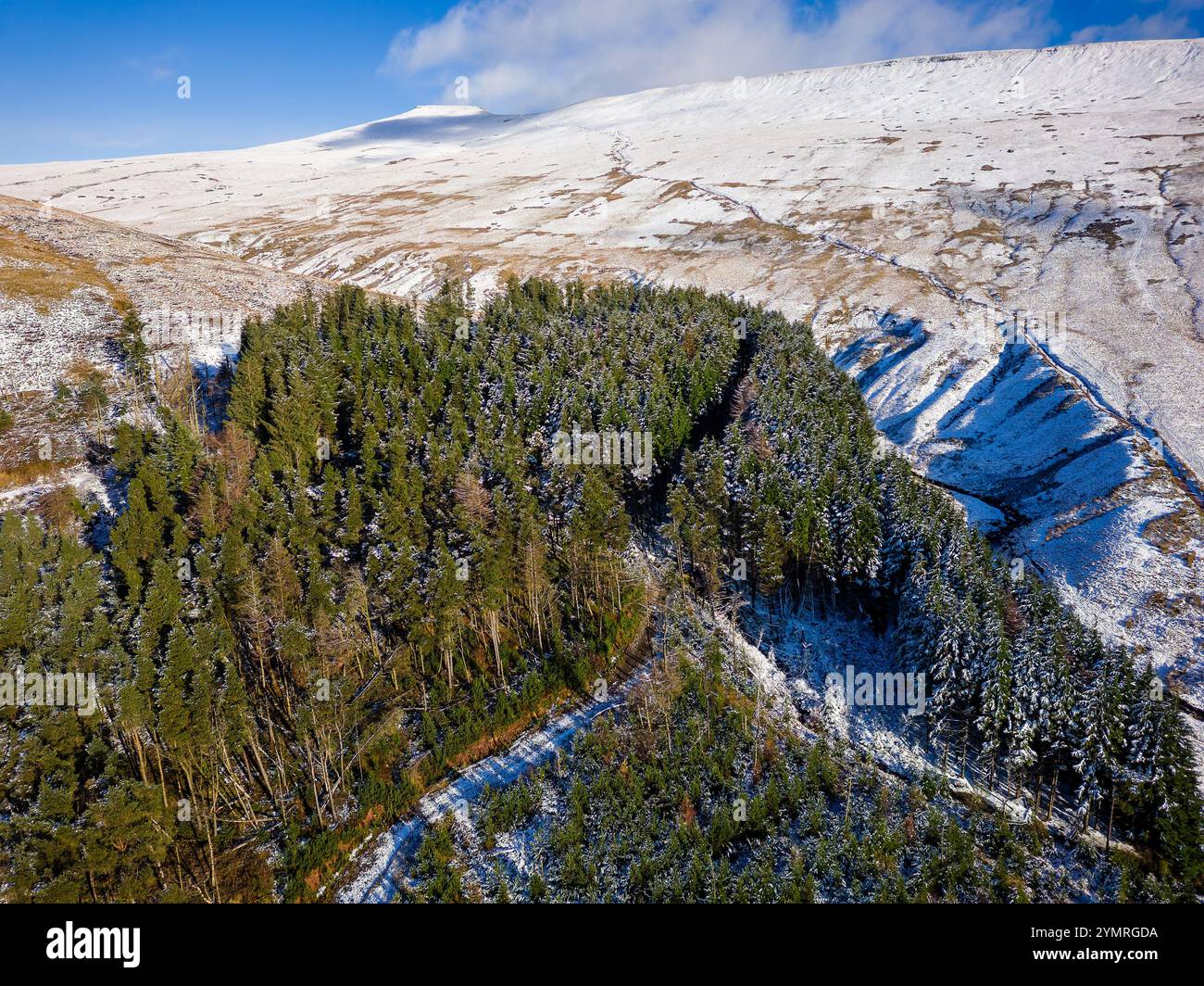 Aerial view of the snow covered path from Pont-ar-Daf to the summit of ...