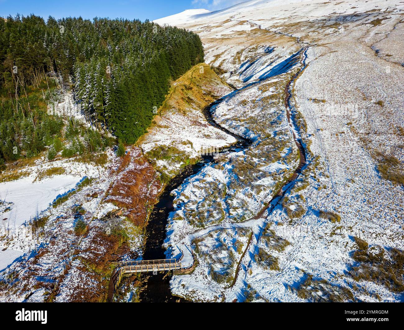 Aerial view of the snow covered path from Pont-ar-Daf to the summit of ...