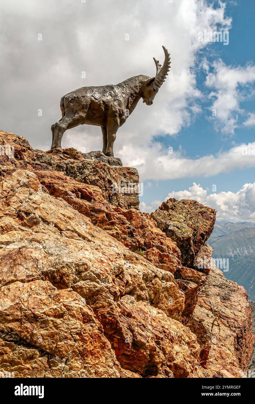 Alpine ibex statue at the Piz Nair mountain station, St Moritz ...