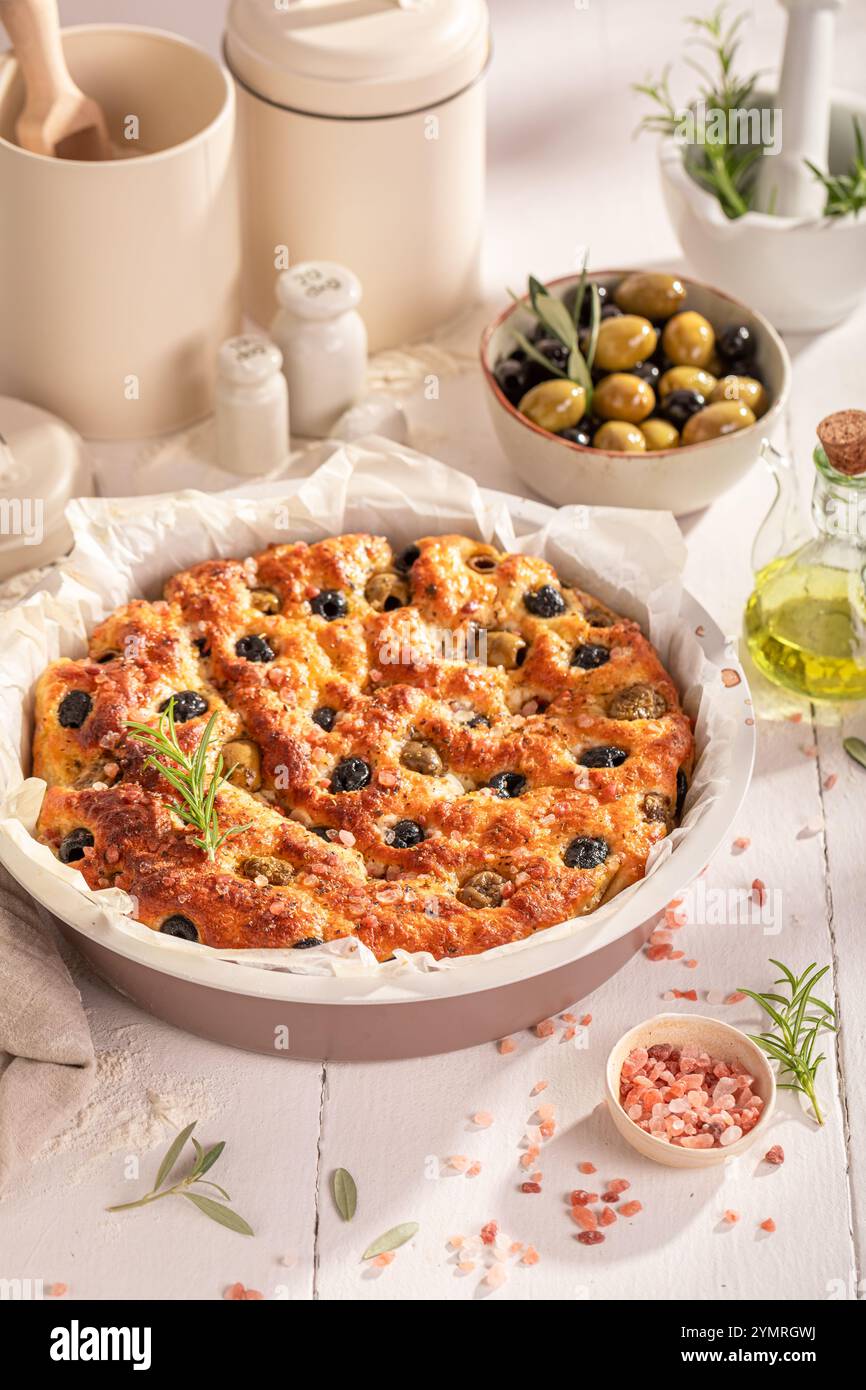Homemade focaccia baked in a round baking tin. Poster for Restaurant ...