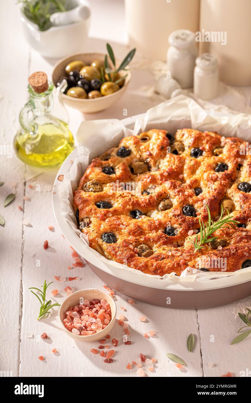Tasty focaccia made of olives and rosemary. Poster for Restaurant ...