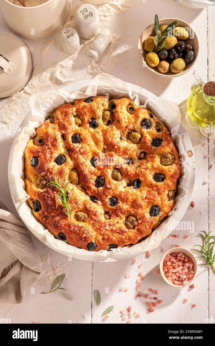 Traditional focaccia made of flour, olives, salt and oil. Poster for ...