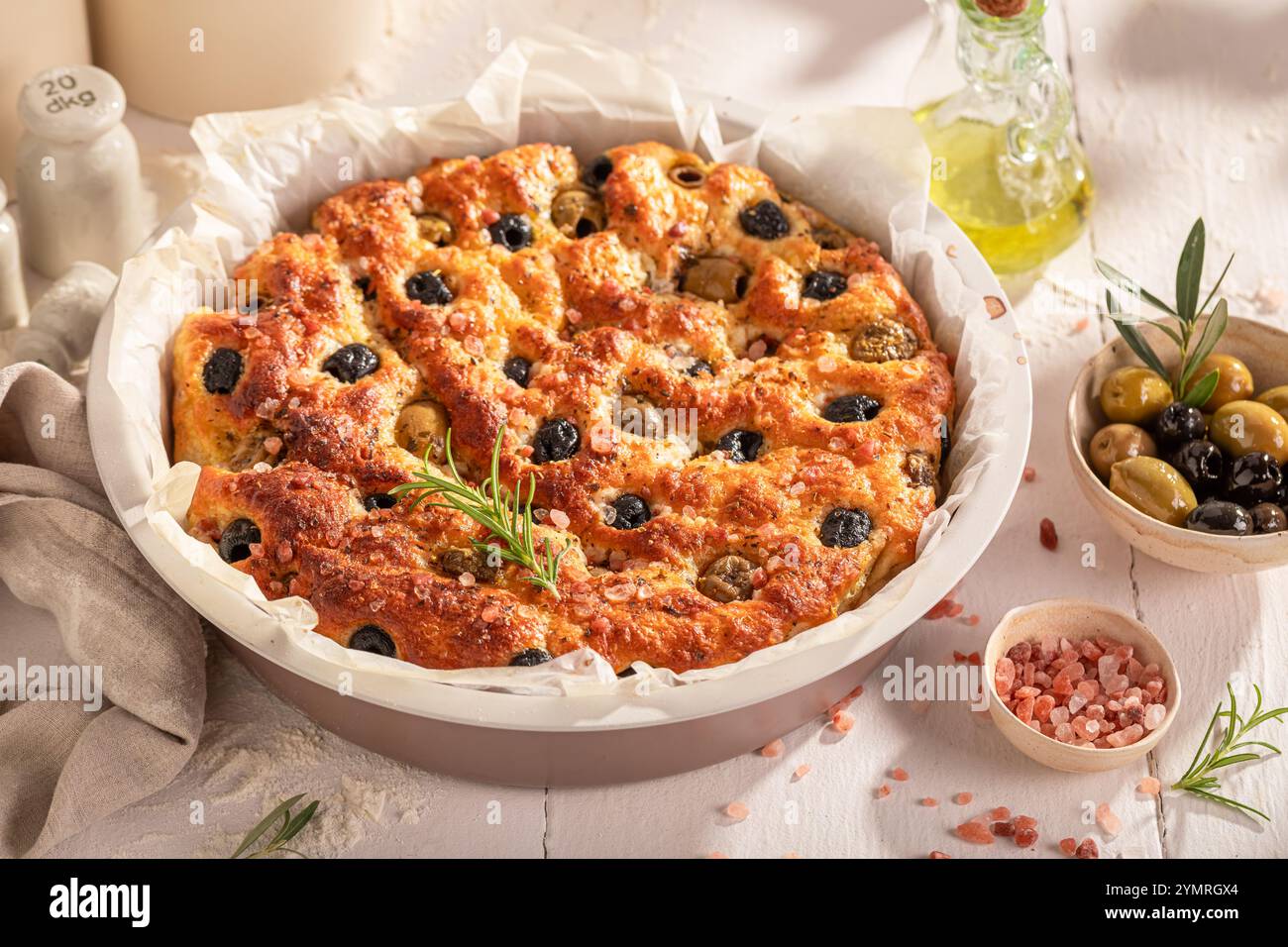 Traditional focaccia made of olives and rosemary. Poster for Restaurant ...