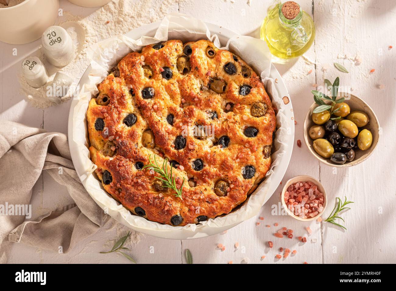 Traditional focaccia with different types of olives. Traditional ...