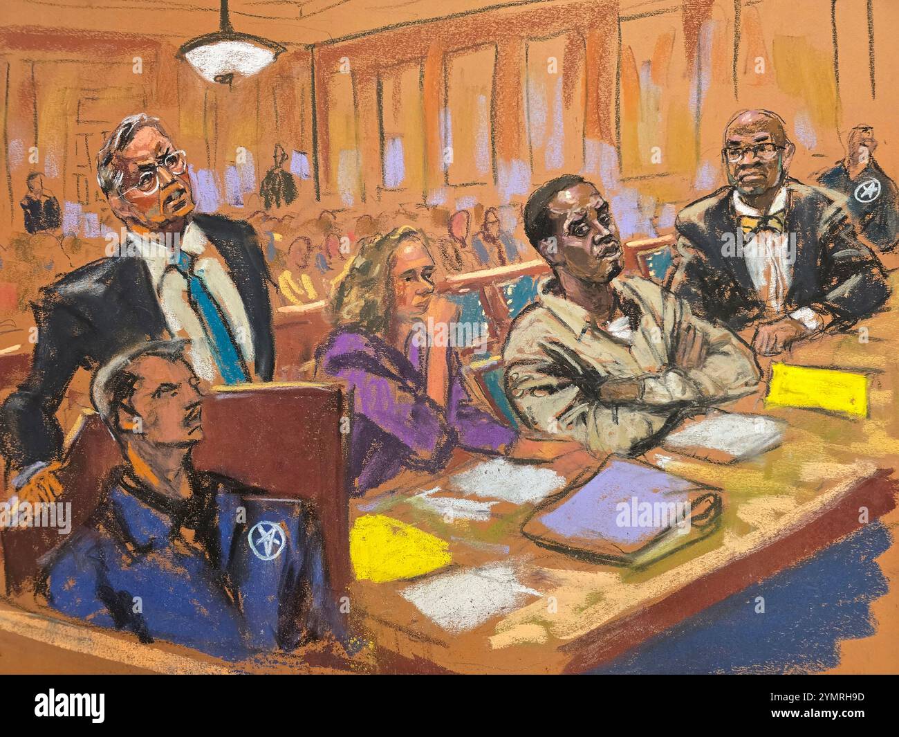 In this courtroom sketch, attorney Marc Agnifolo, left, speaks at the ...