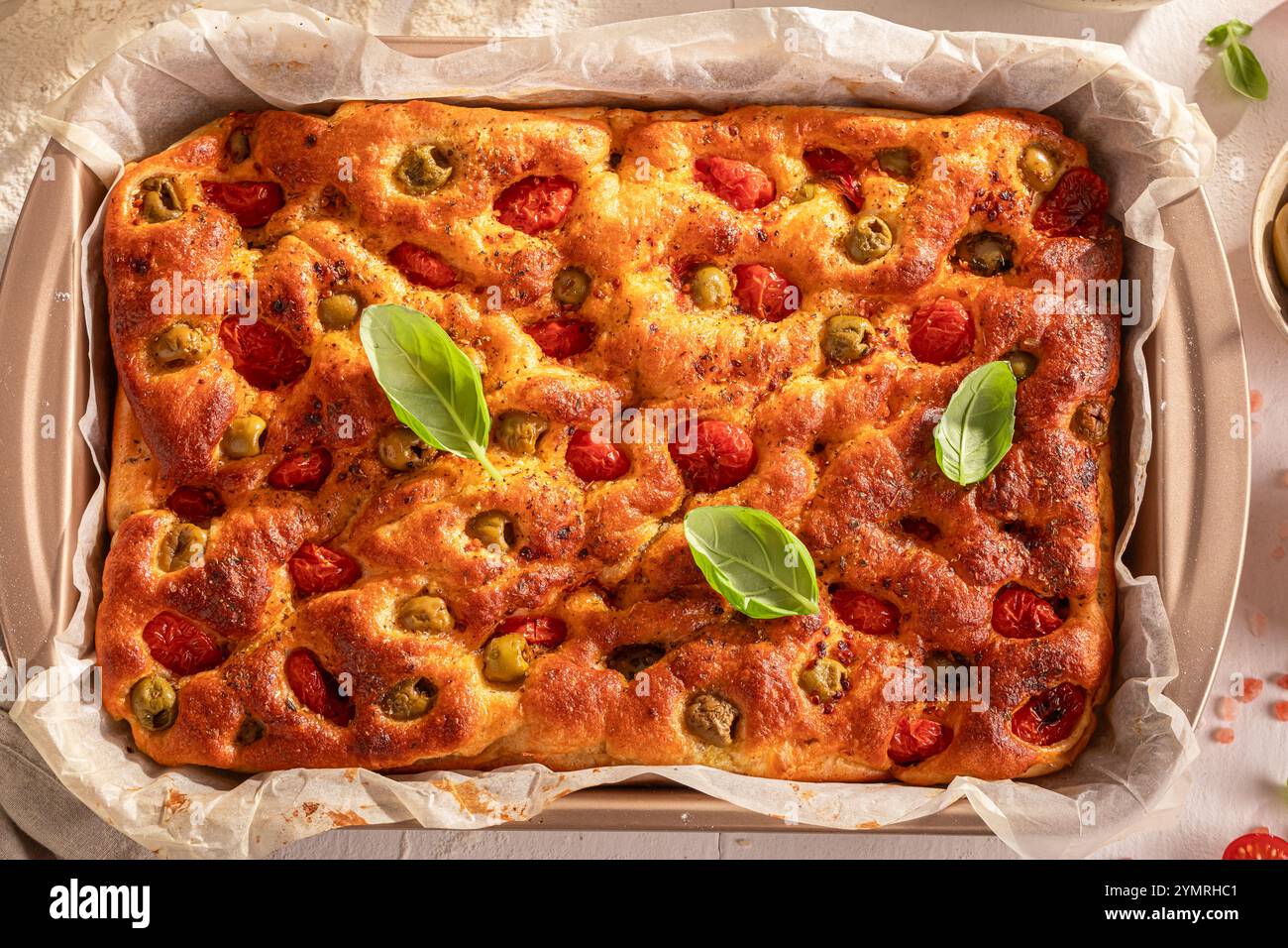 Hot focaccia baked in a rectangular baking tray. Poster for Restaurant ...