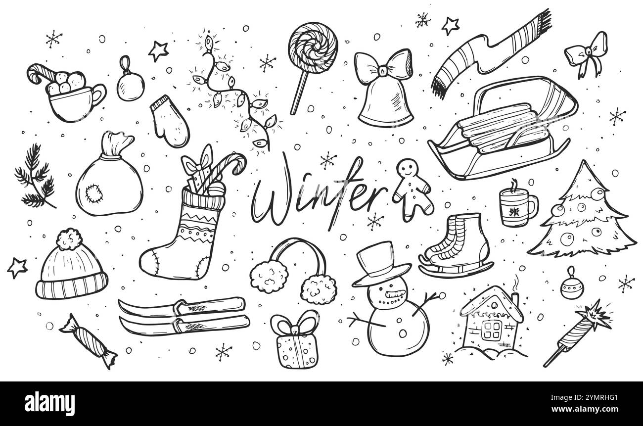 Hand drawn set of winter doodles with blue lettering in vector Stock ...