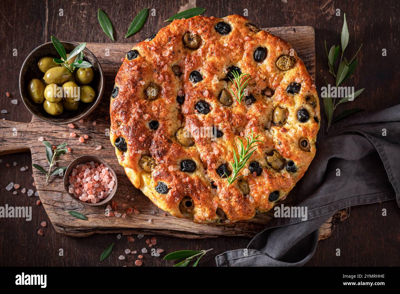 Hot focaccia made of olives and sea salt. Classic Italian cuisine ...