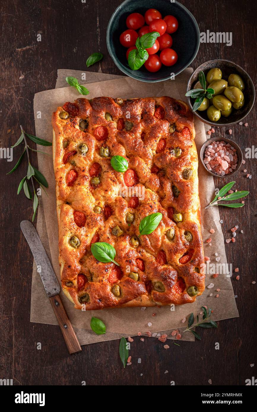 Traditional focaccia baked in a rectangular baking tray. Poster for ...