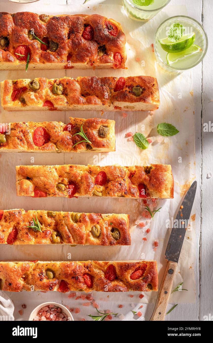 Hot and delicious focaccia baked in the oven. Traditional Italian ...