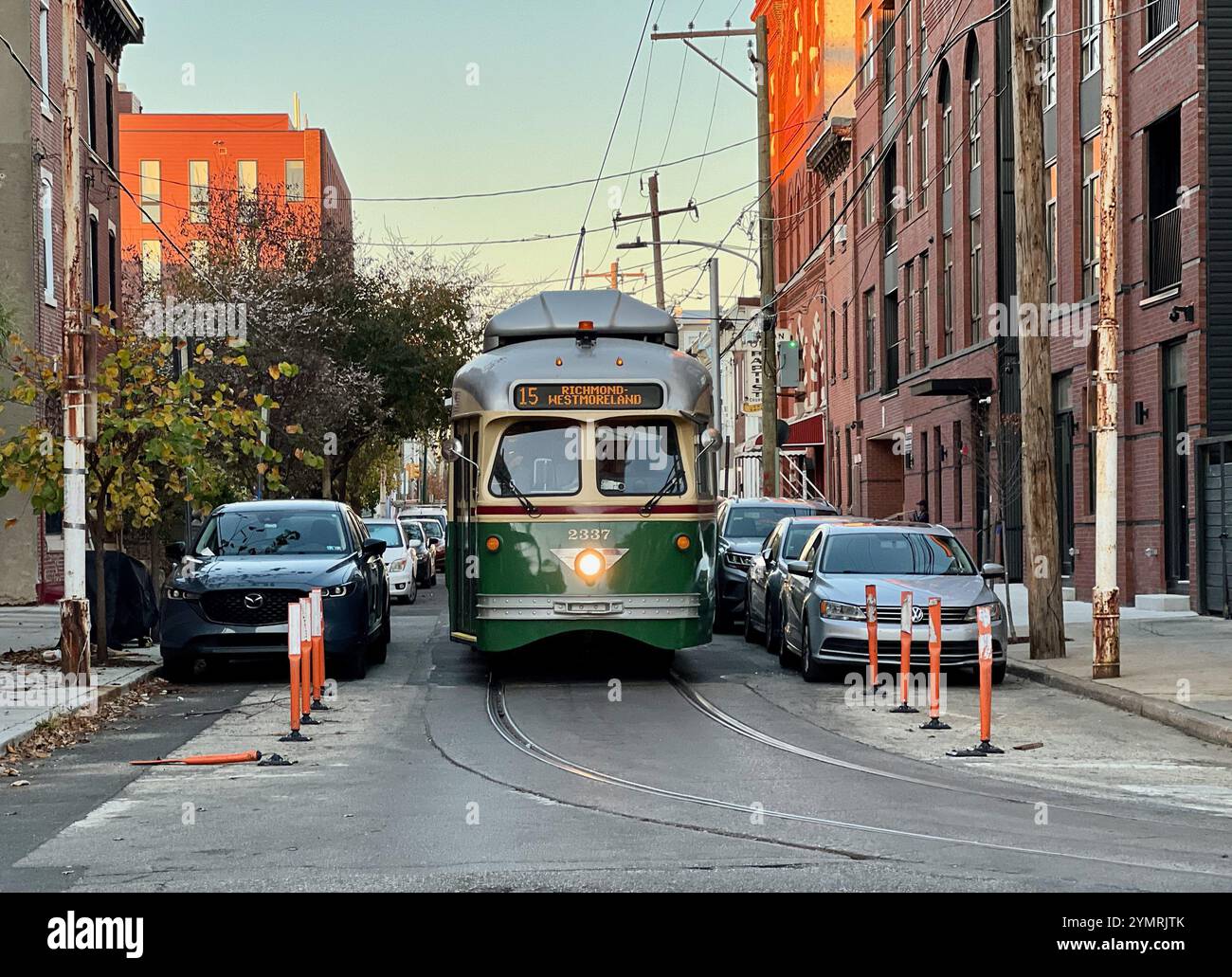 A SEPTA Route 15 PCC trolley heads down 26th Street near Girard Avenue ...