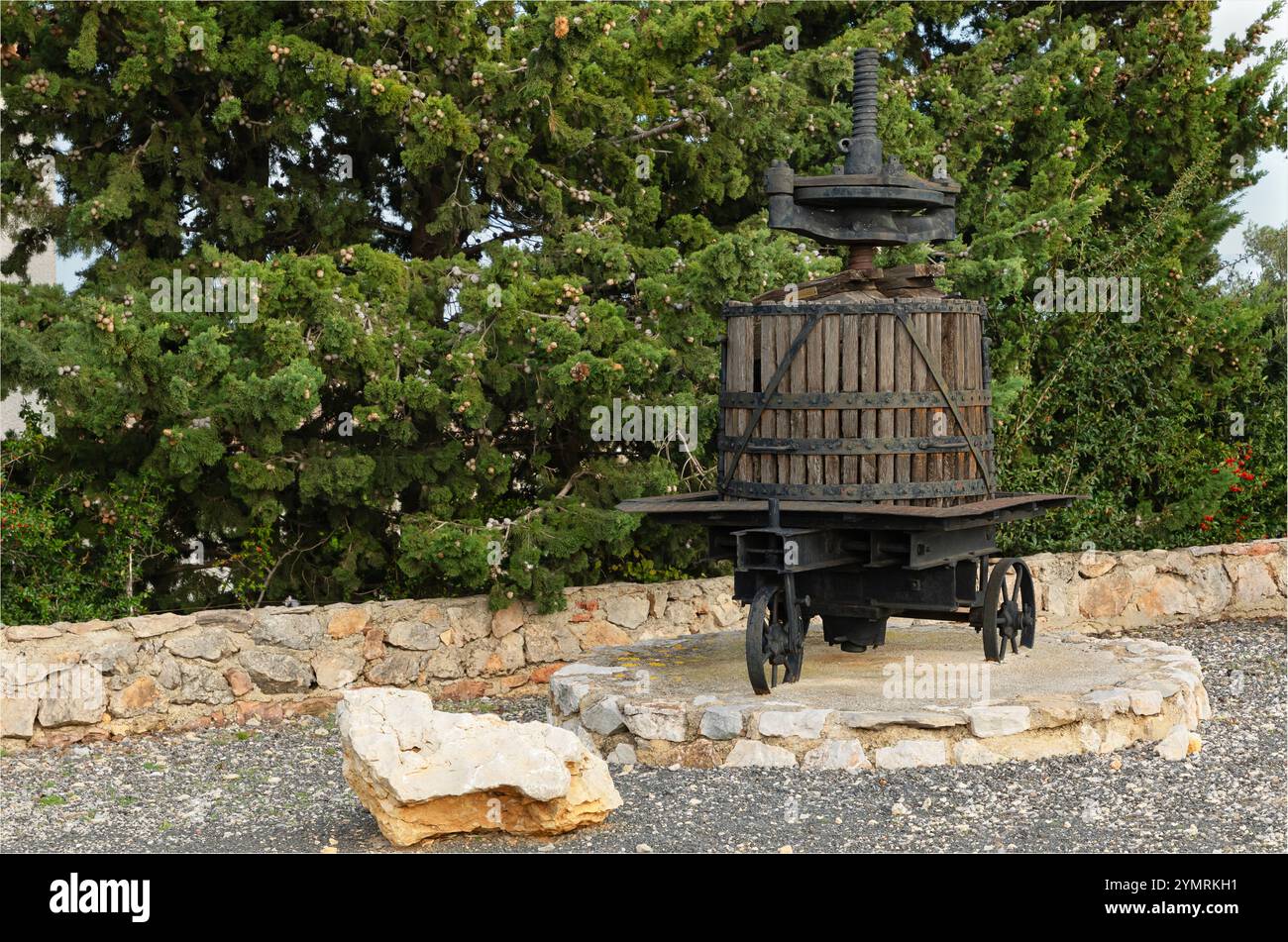 Fitou, Languedoc, France - November 19th 2024 - An antique wine press ...