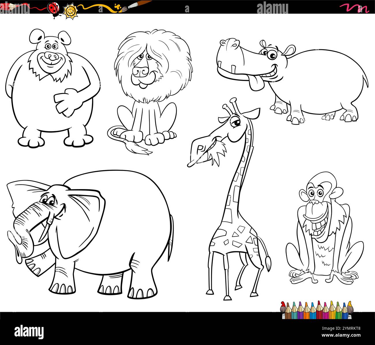 Cartoon illustration of funny wild animal characters set coloring page ...