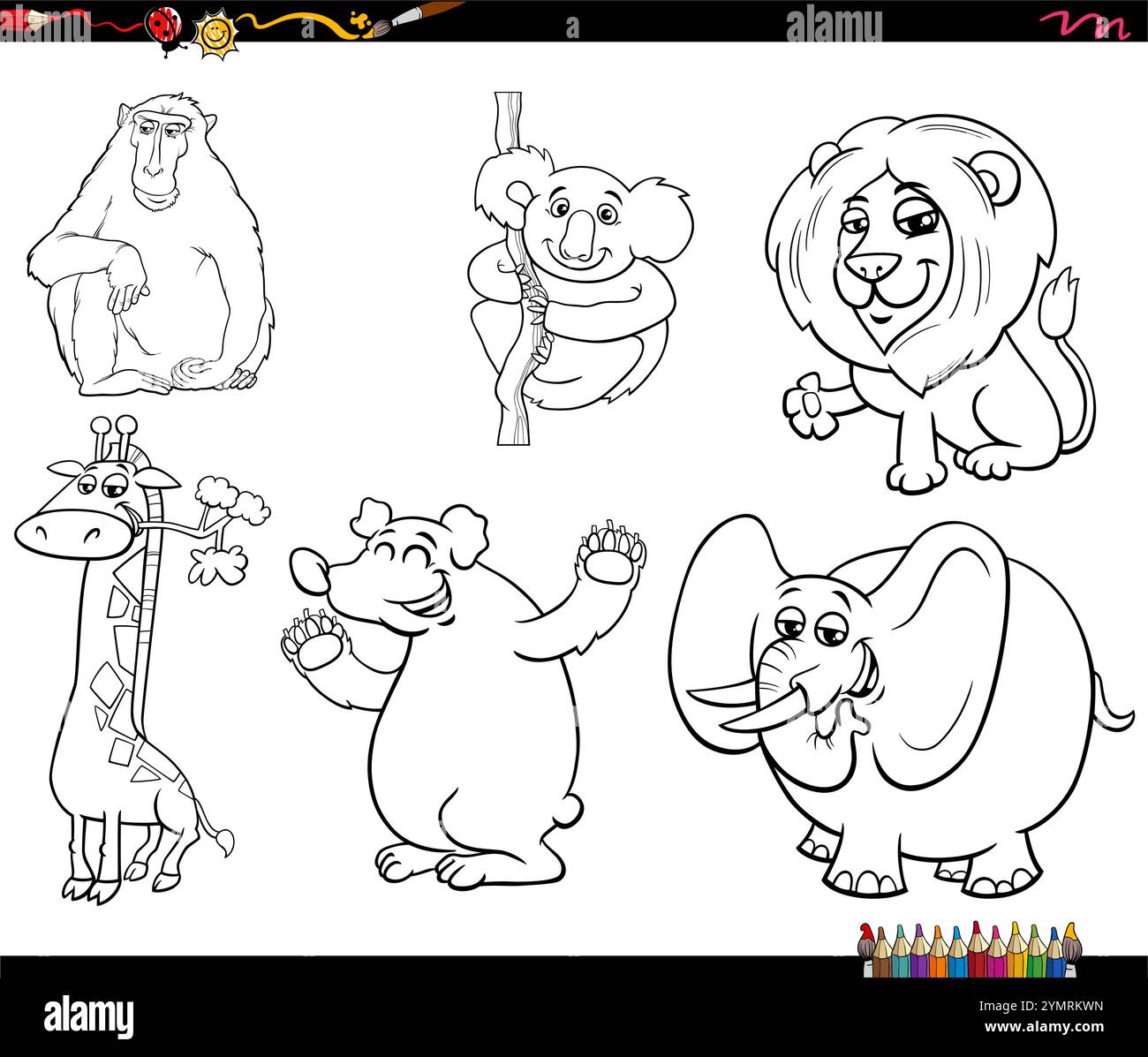 Cartoon illustration of wild animals comic characters set coloring page ...
