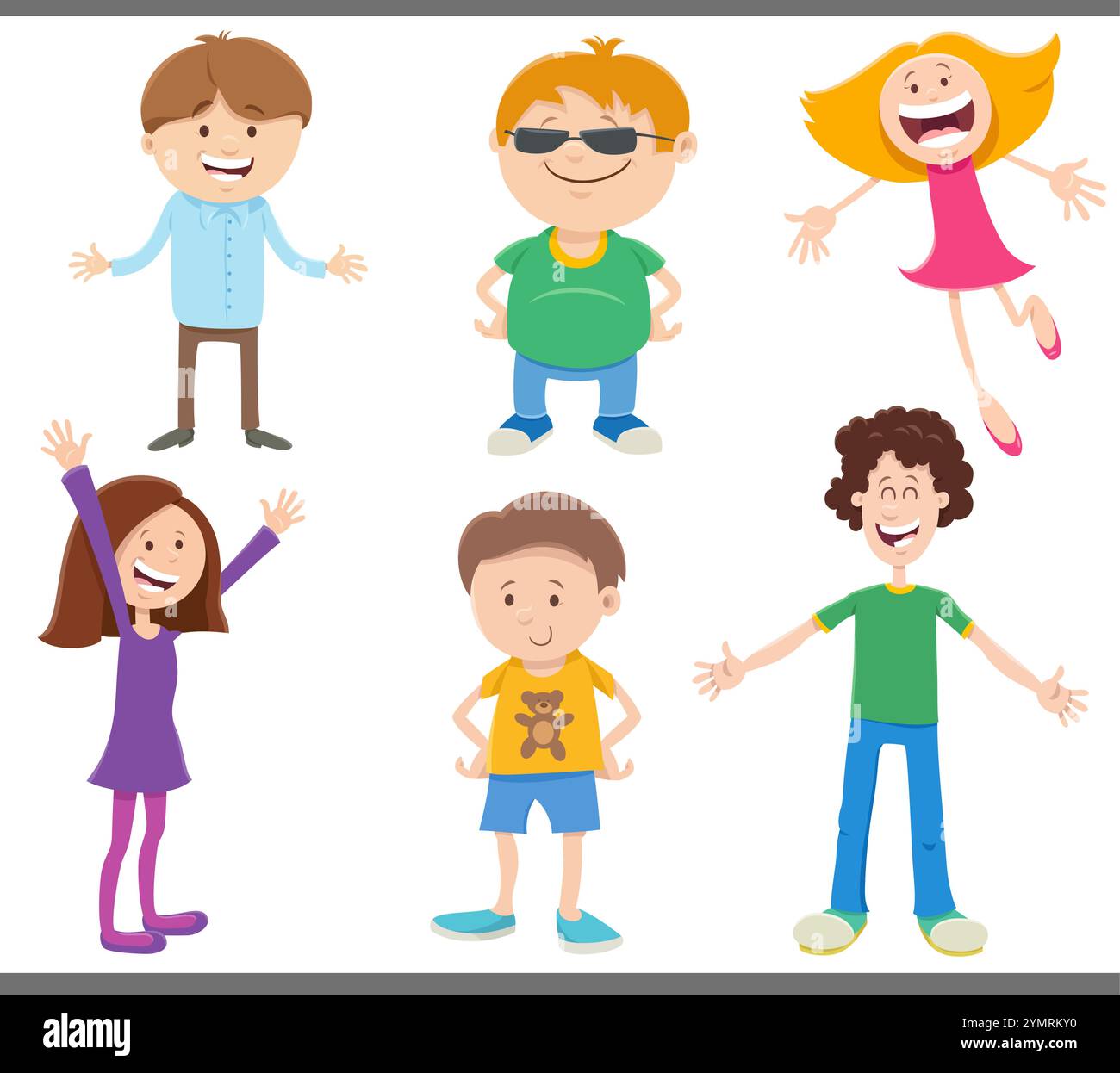 Cartoon illustration of happy children and teenagers comic characters ...