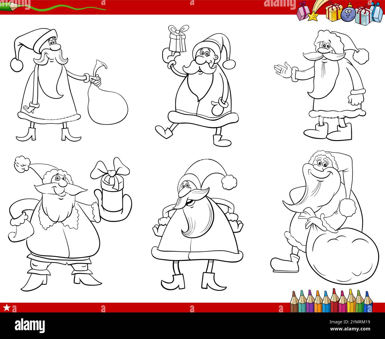 cartoon illustration of Santa Clauses characters with gifts on ...