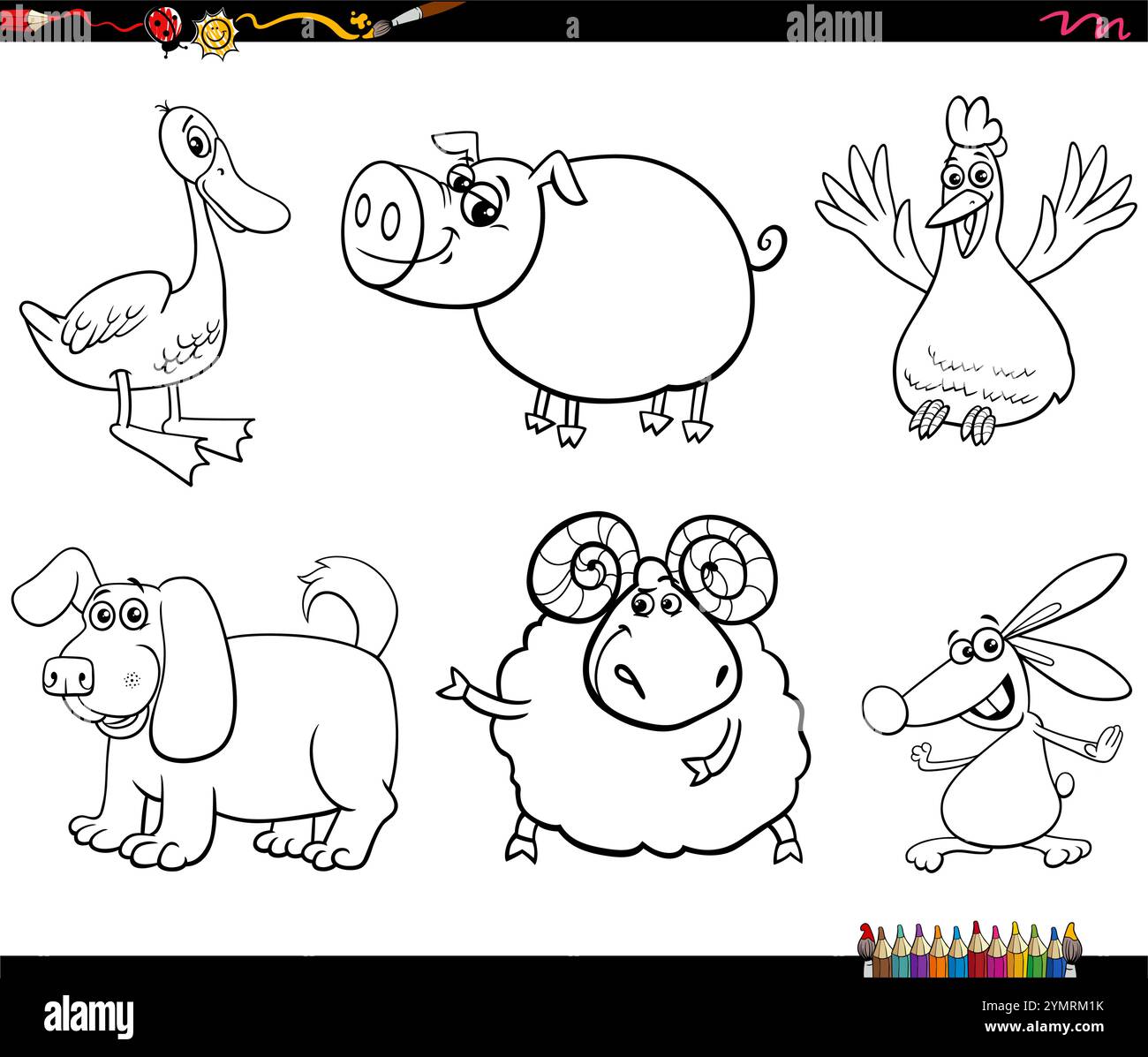 Black and white cartoon illustration of farm animal characters set ...