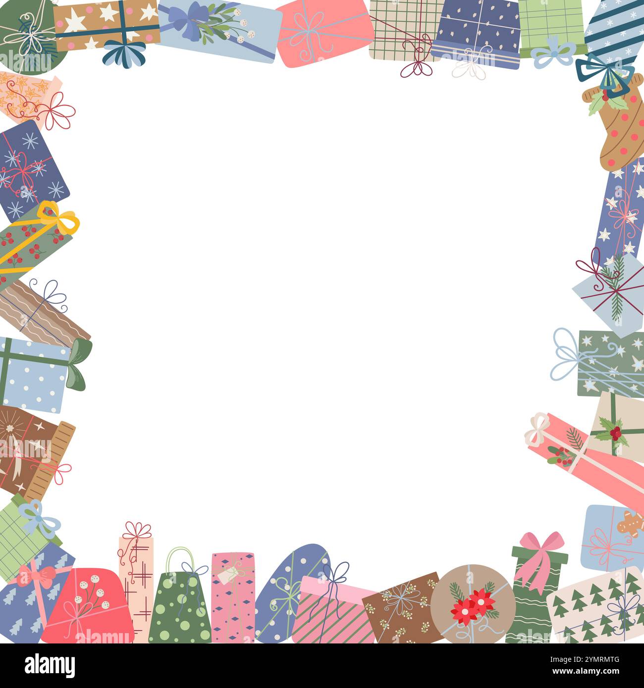 Christmas gifts festive square frame of boxes wrapped in colorful paper ...