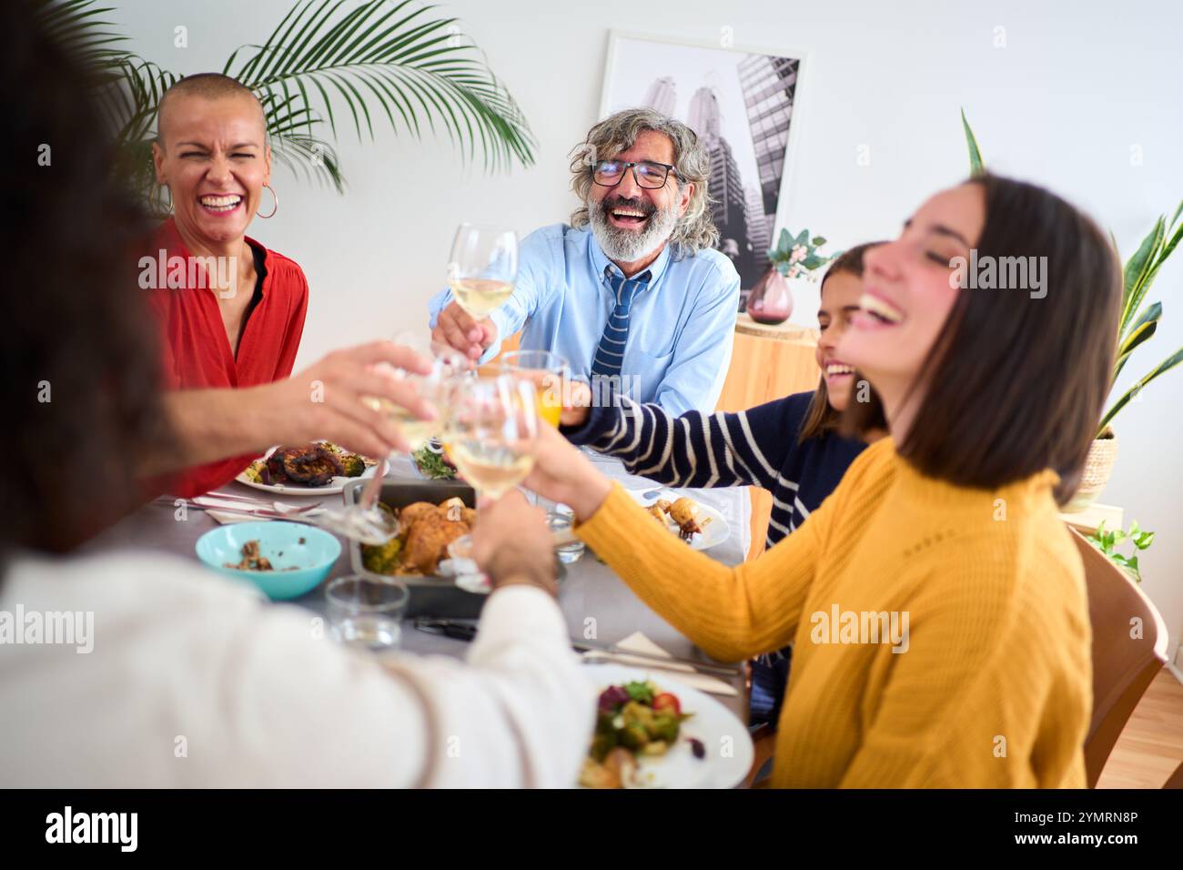 Group laughing multi-generational Caucasian family at meal toasting ...